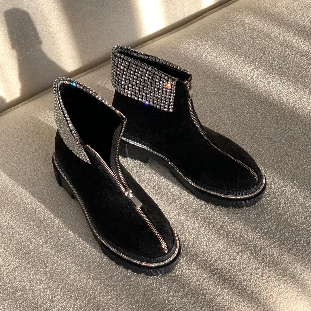 Black Suede Ankle Boots for Women With Rhinestone and Zipper Detail ...