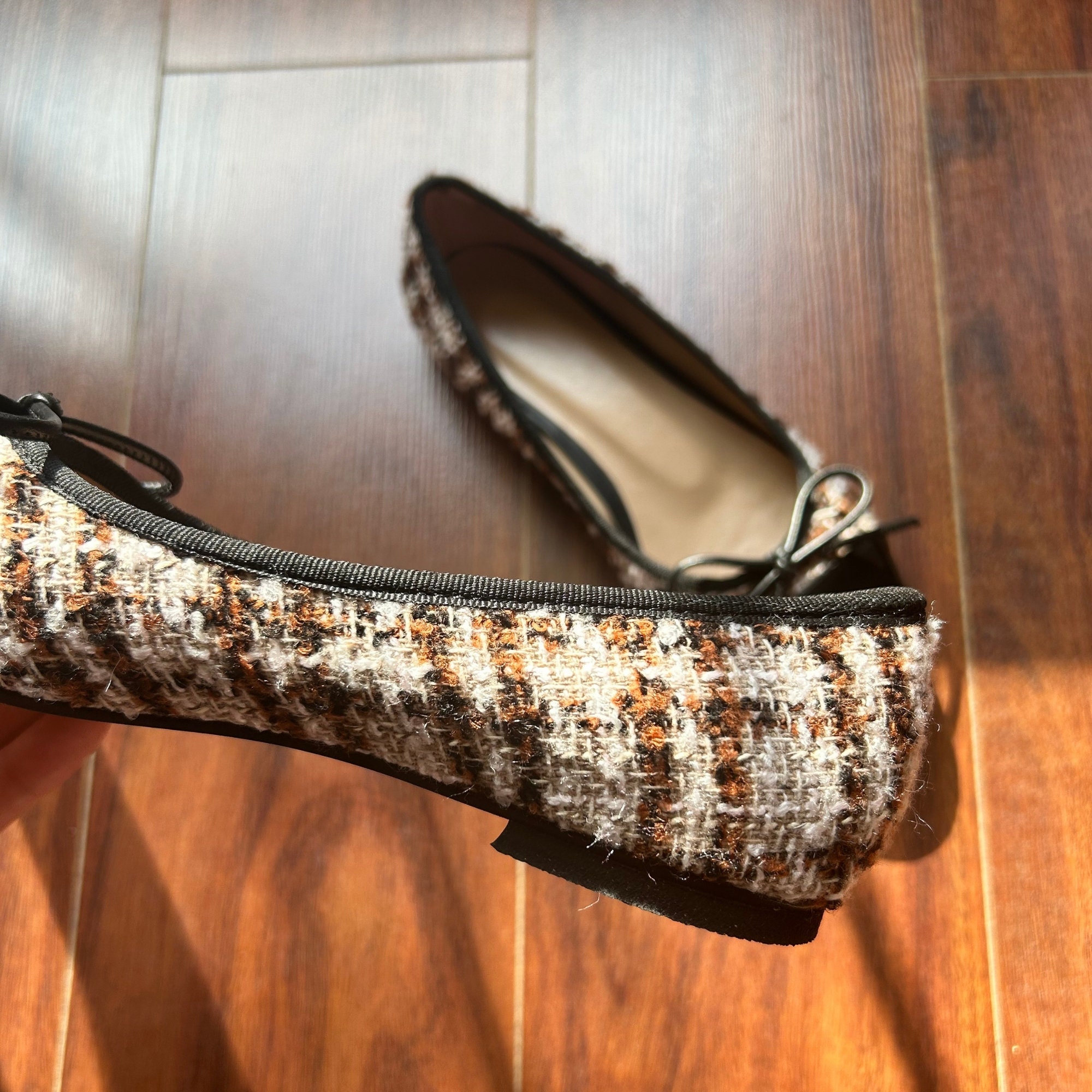 Brown Tweed Black Leather Toe Flats for Women Bow Shoe Clip Detailed ...