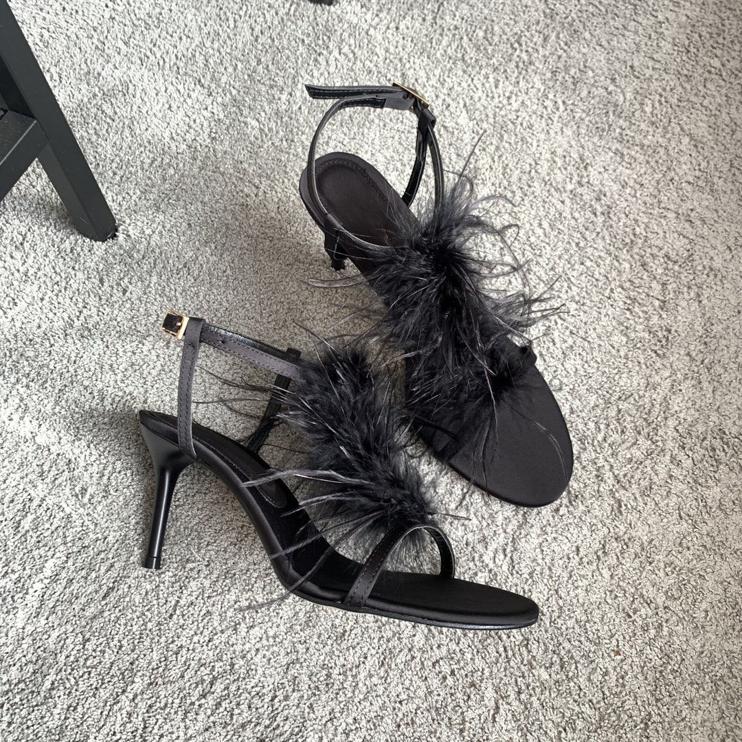 Ankle Strap Open Toe Feather Detail Satin Black High Heeled Sandals ...