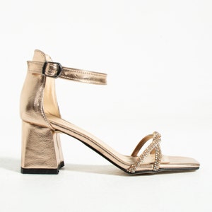 Gold Ankle Strap Block Heel Open Toe Sandals With Sparkling Accessory ...