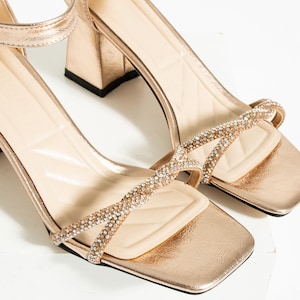 Gold Ankle Strap Block Heel Open Toe Sandals With Sparkling Accessory ...
