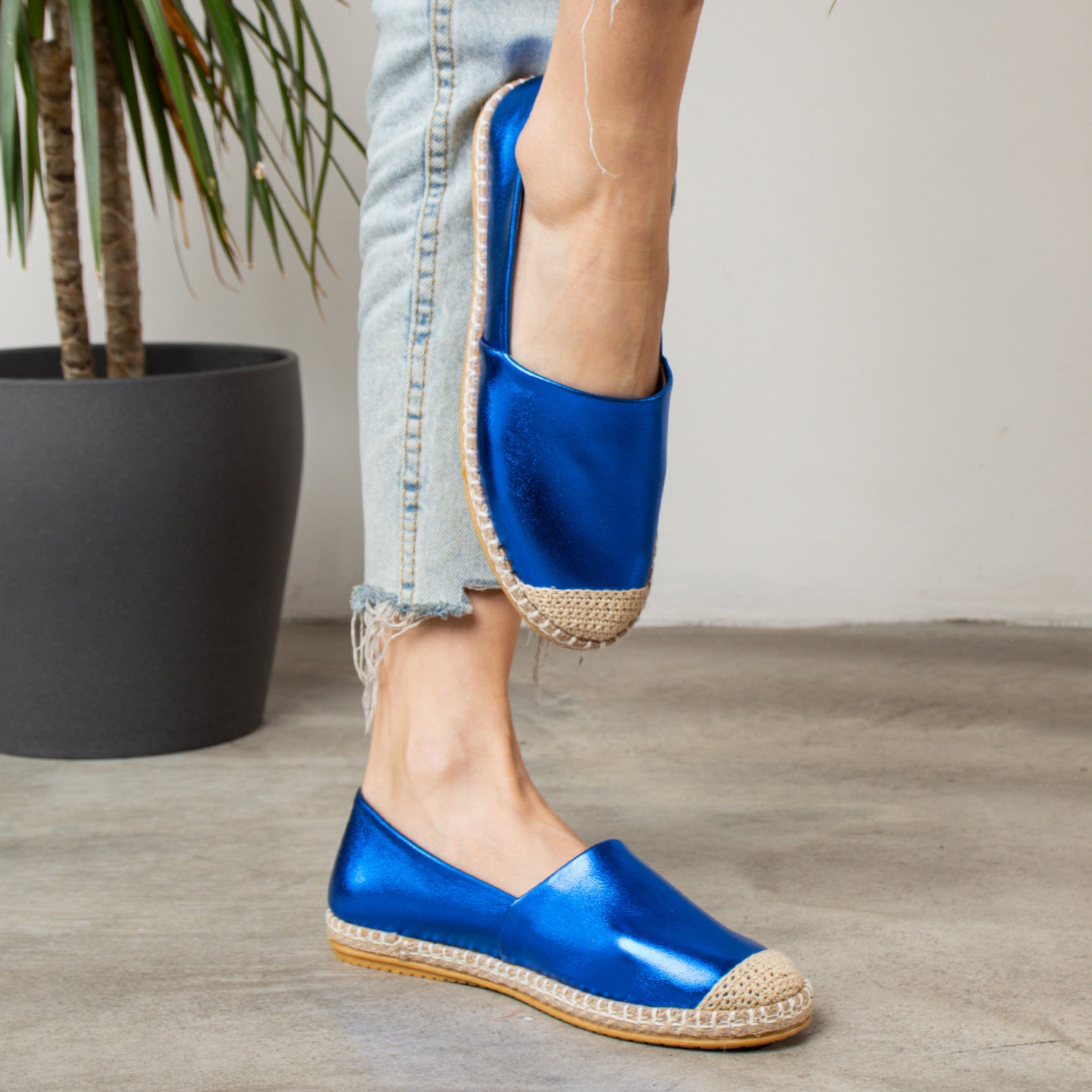 Shiny Metallic Blue Handmade Espadrilles Women, Shiny Blue Leather ...