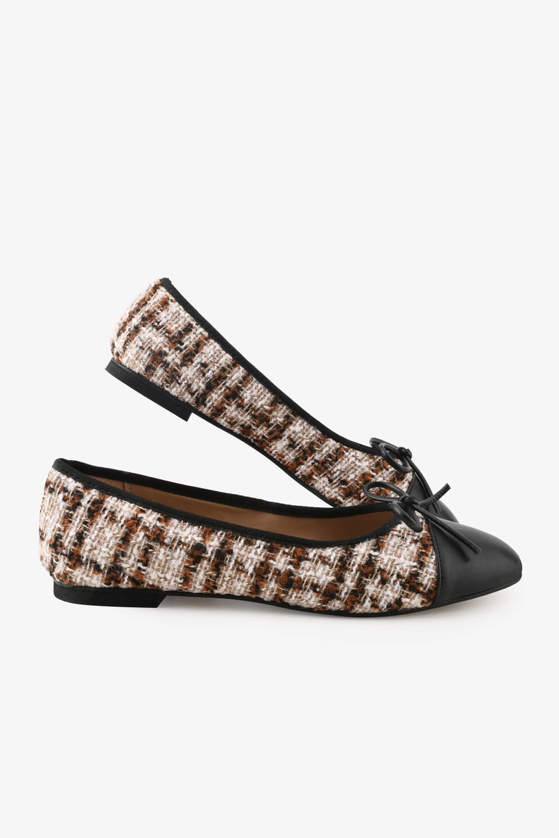 Tweed Fabric Round Toe Flat Shoes Women, Mary Jane Flats, Black Bow ...