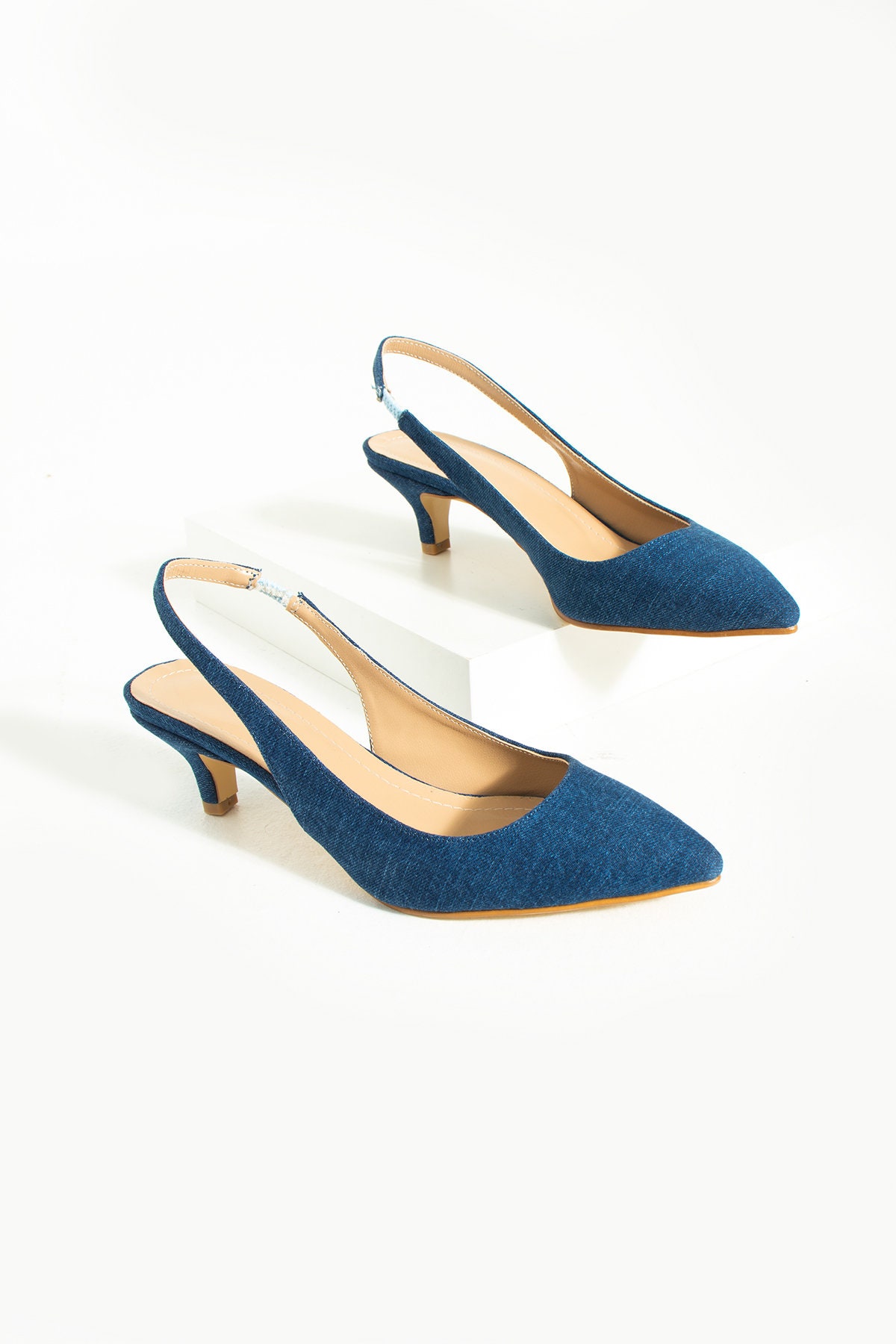 Dark Blue Denim Heels for Women, Close Toe Denim Slingback Heels, Blue ...