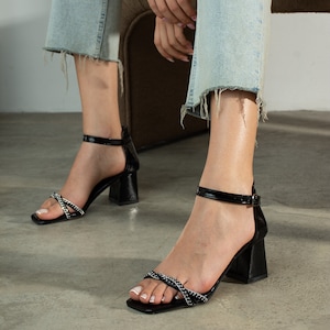 Gold Ankle Strap Block Heel Open Toe Sandals With Sparkling Accessory ...