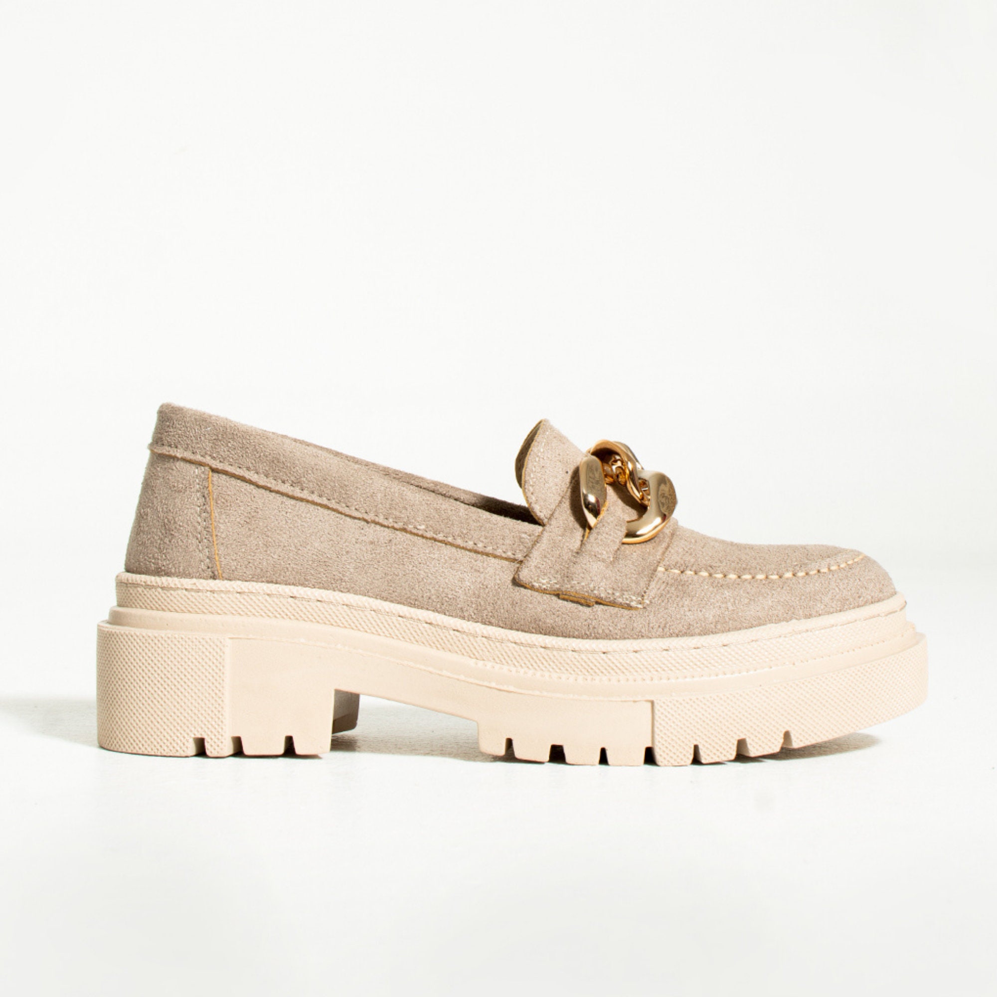 Platform Loafer Beige Suede Women With Gold Chain Accessory, Beige ...