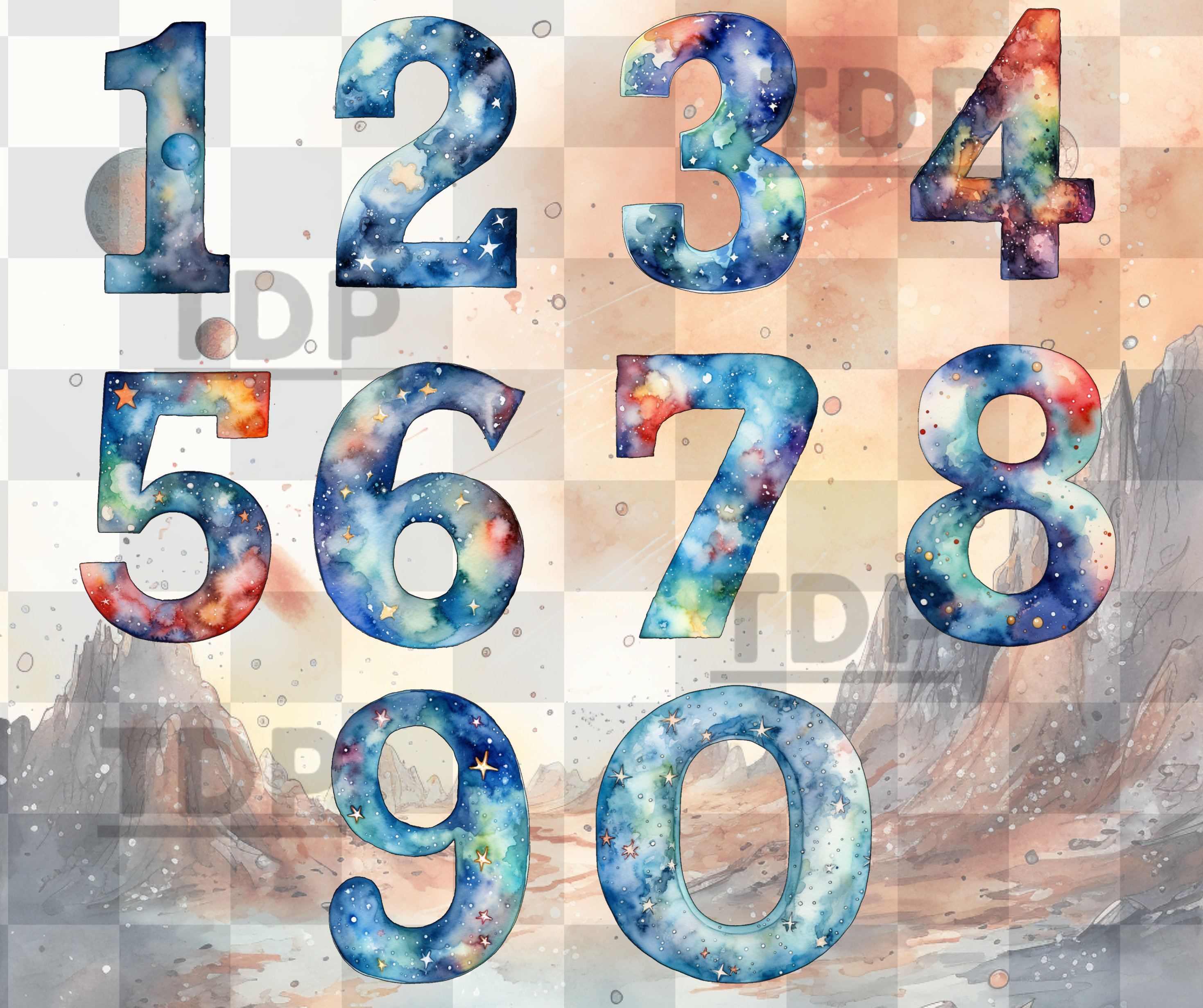 Watercolor Space Numbers Galaxy Numbers Universe Numbers Galaxy Clipart ...