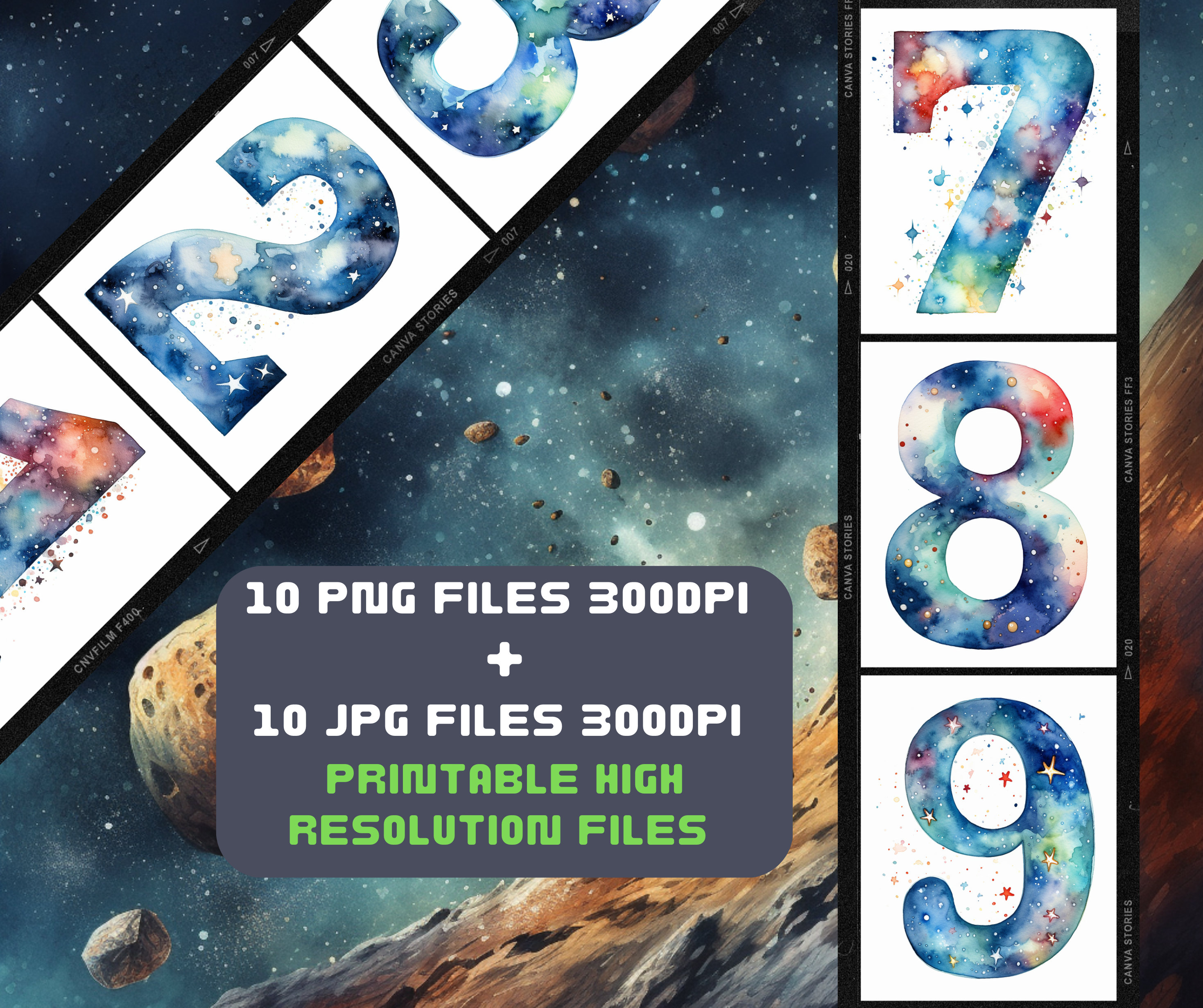 Watercolor Space Numbers Galaxy Numbers Universe Numbers Galaxy Clipart ...