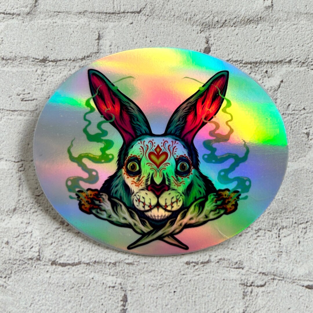 Smoking Rabbit Laminated Holographic Sticker for Water Bottle Laptop ...