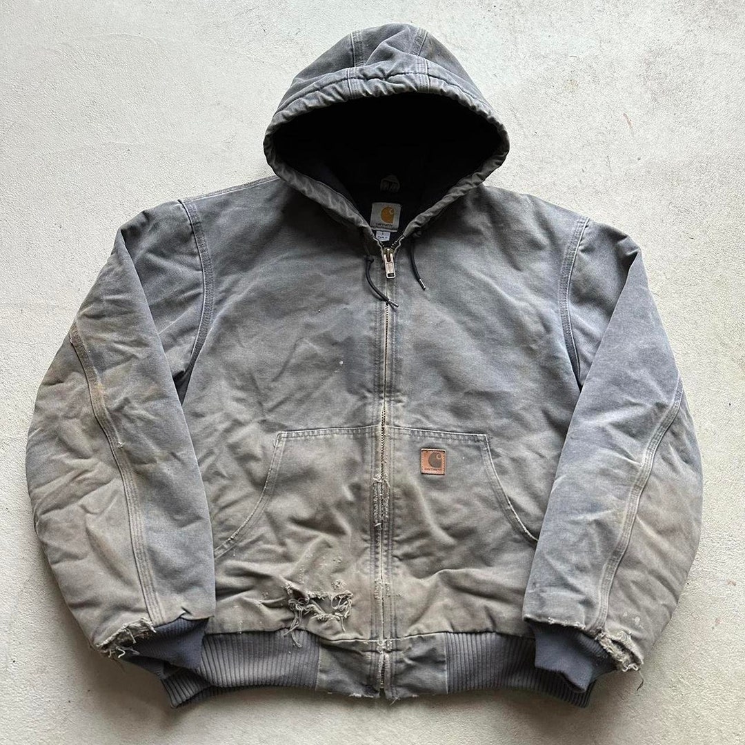 Vintage Carhartt Grey Distressed Hooded Jacket - Etsy