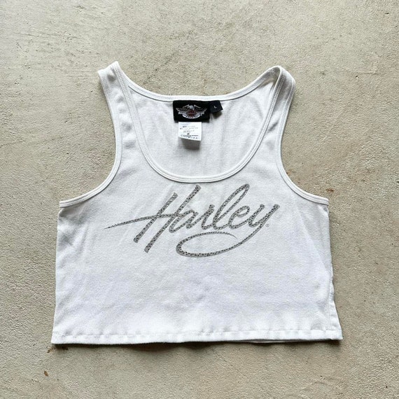 Vintage Y2K Harley Davidson White Graphic Cropped Tank - Gem