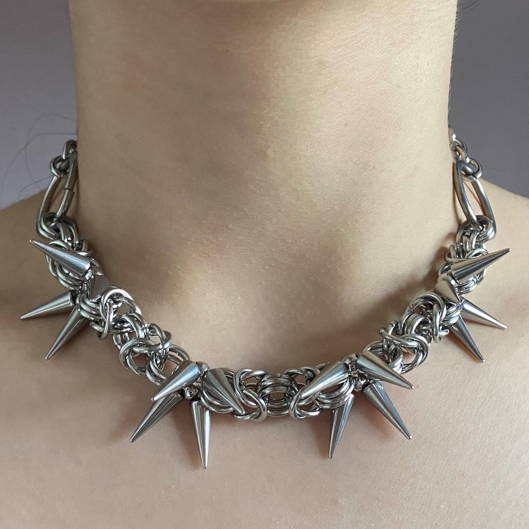 BARBED WIRE NECKLACE Chainmail Spike Stainless Steel Metal Goth Gothic Alternative Grunge ...