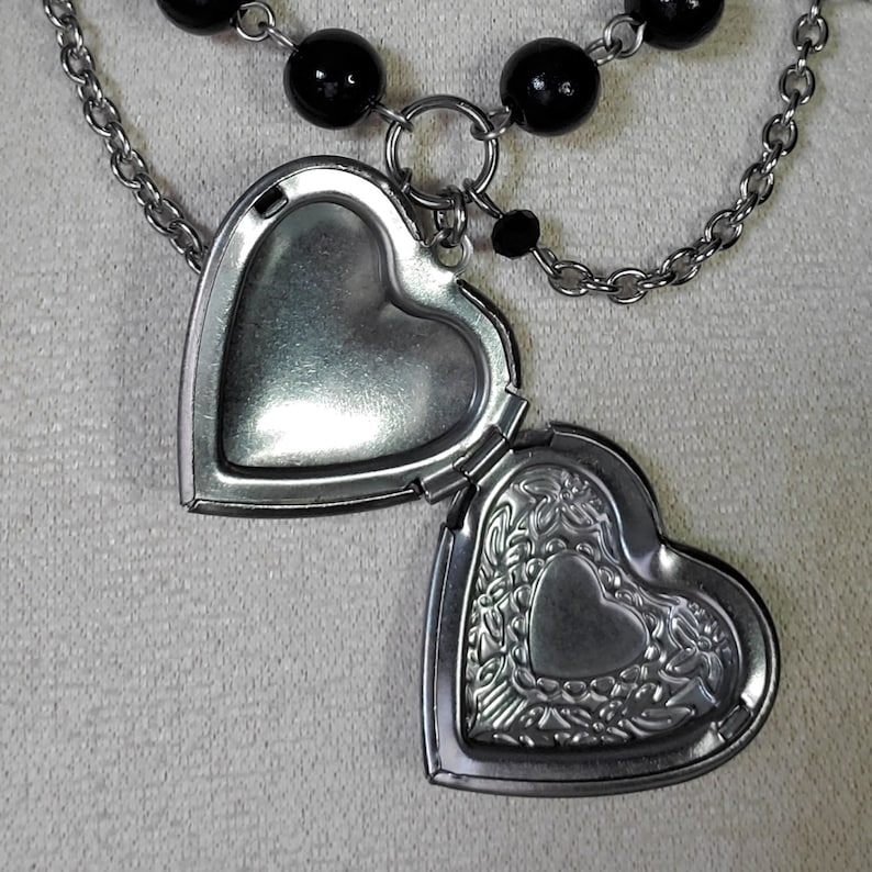 Black Layered Beaded Heart Locket Choker Necklace Goth Gothic Romantic ...