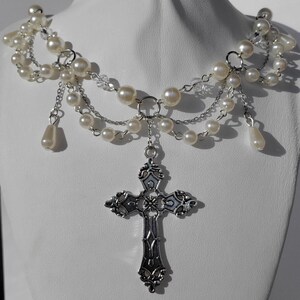 Pearl Coquette Layered Cross Choker Necklace Regal Victorian Goth ...