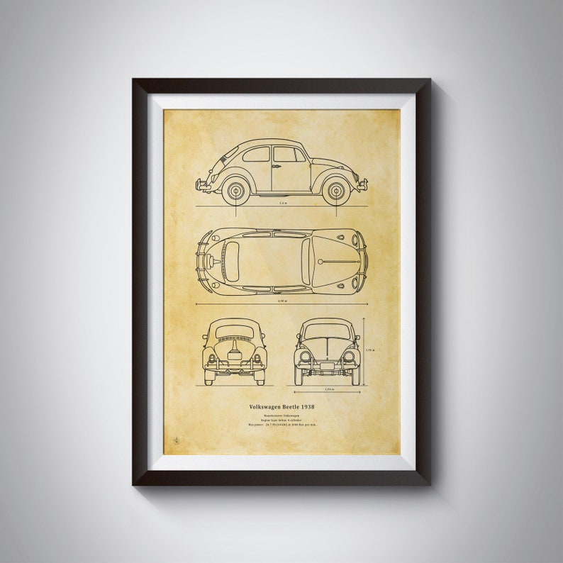Vintage Volkswagen Beetle Art Poster Classic Car Automotive Decor Retro ...