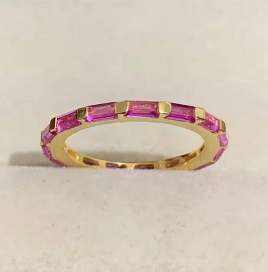 Pink Sapphire Baguette Cut Ring, Sapphire Eternity Band Ring, 14k Gold Band, Pink Sapphire Ring ...