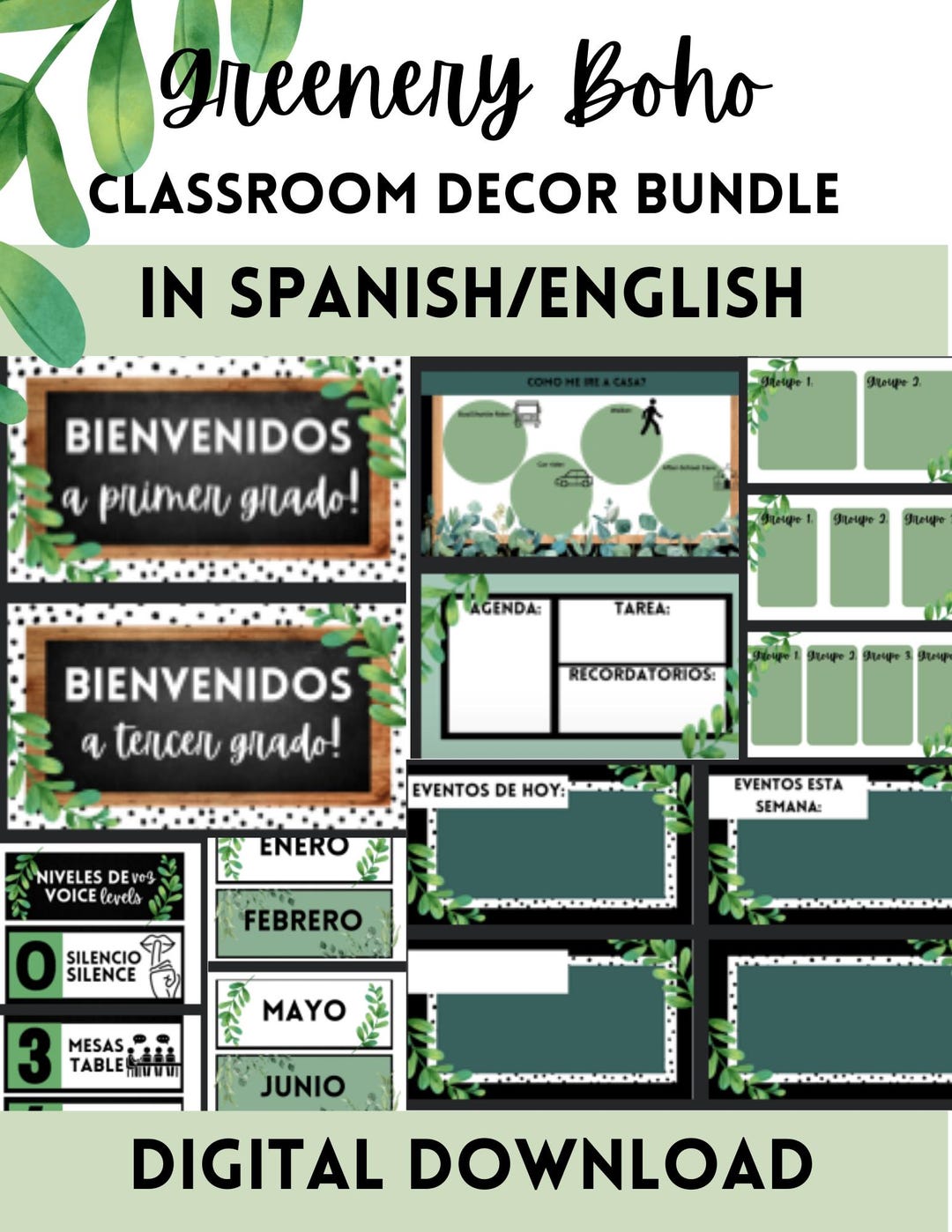 Spanish/english Greenery Boho Classroom Decor Bundle - Etsy