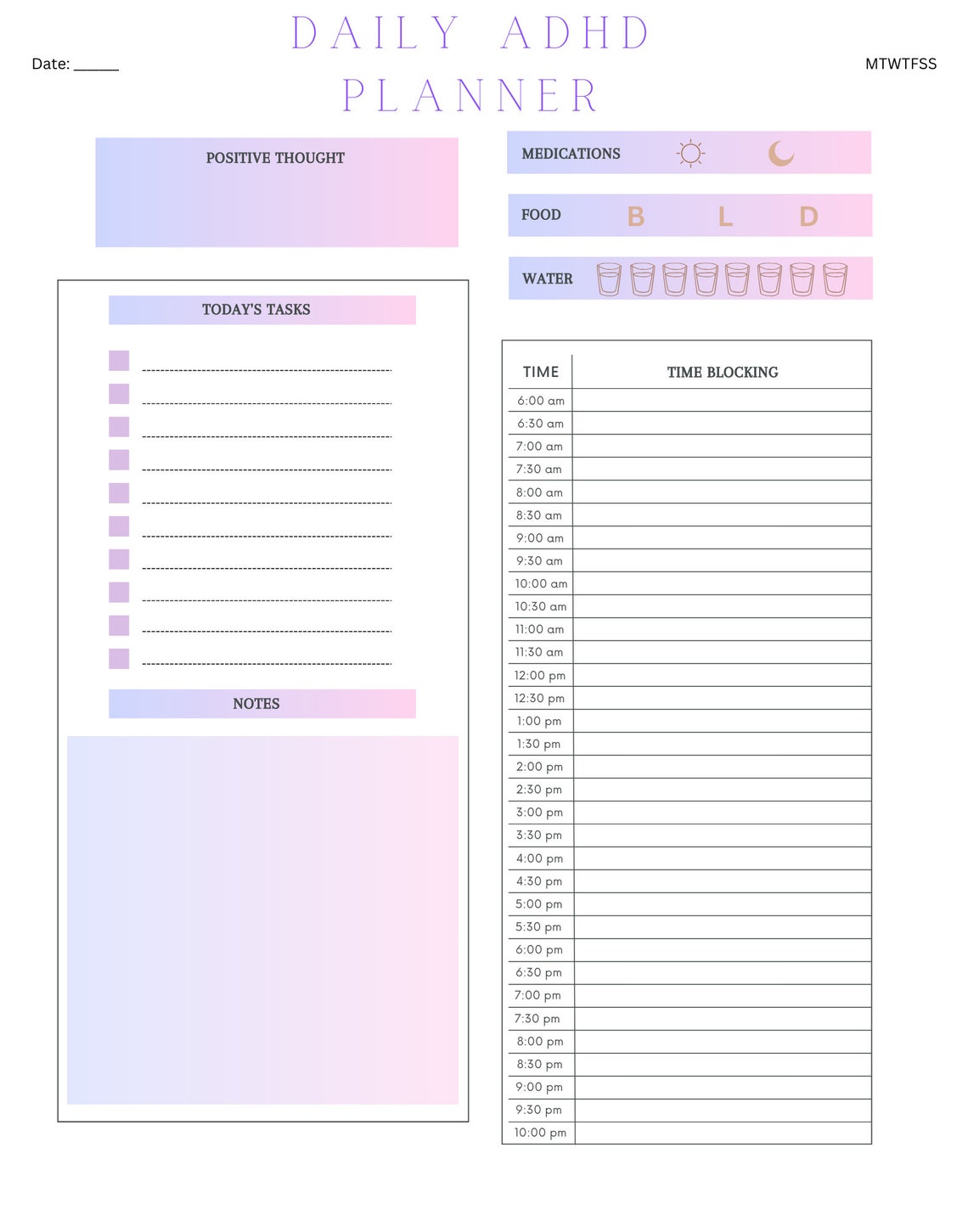 Printable ADHD Digital Daily Planner for Adults. Therapist Made. Simple ...