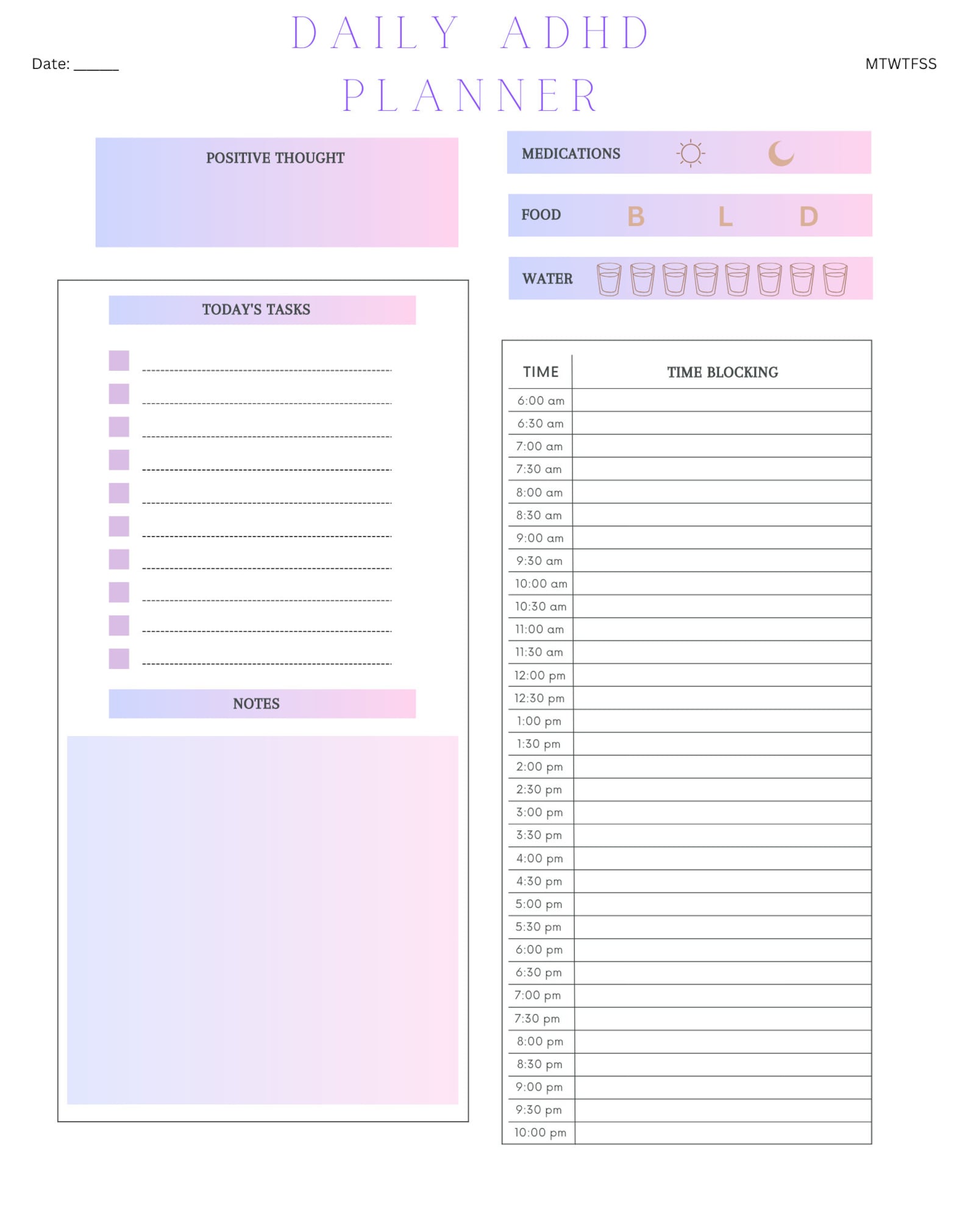 Printable ADHD Digital Daily Planner for Adults. Therapist Made. Simple ...