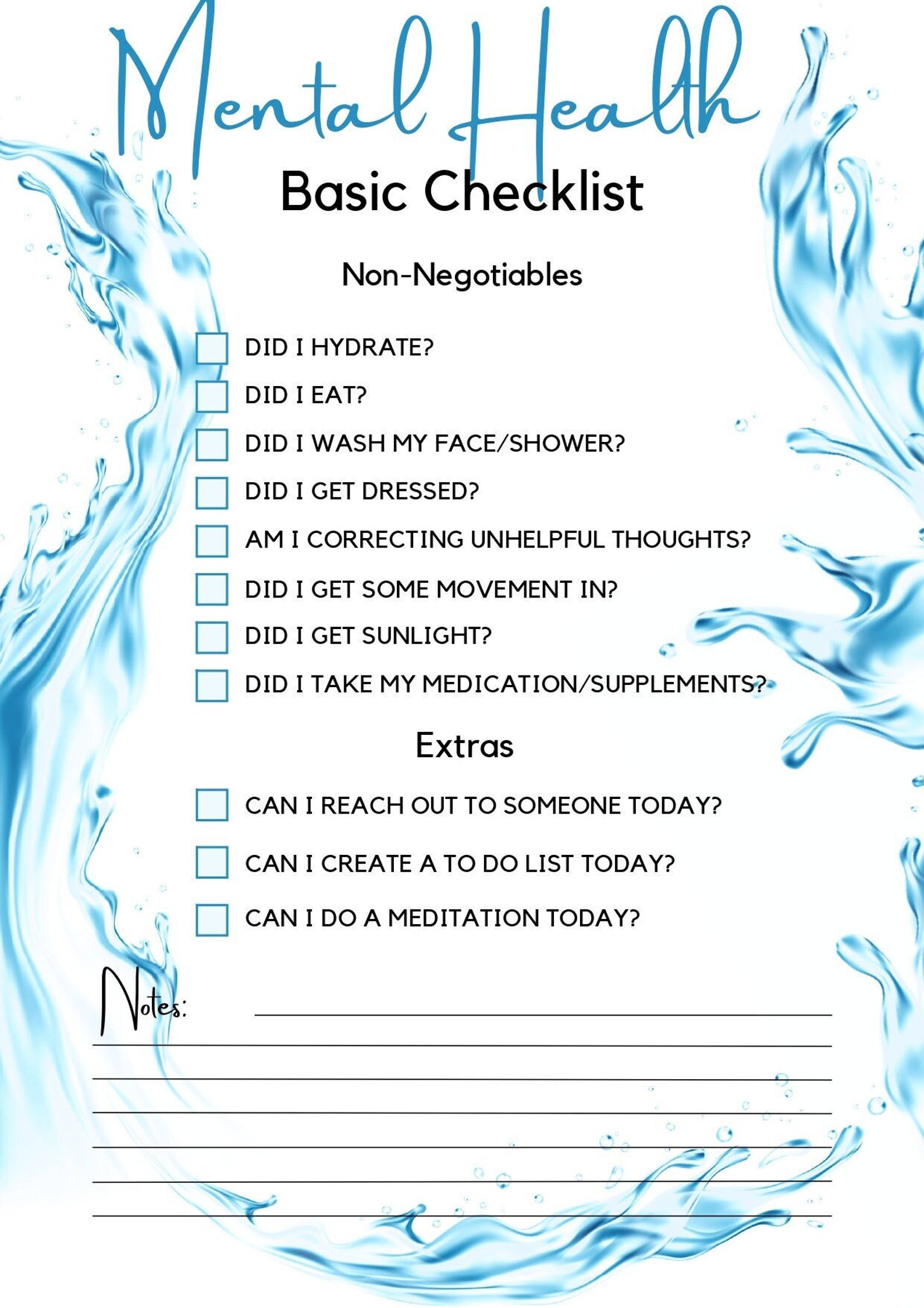 Printable Mental Health Checklist, Self-care Printable Checklist, Daily ...