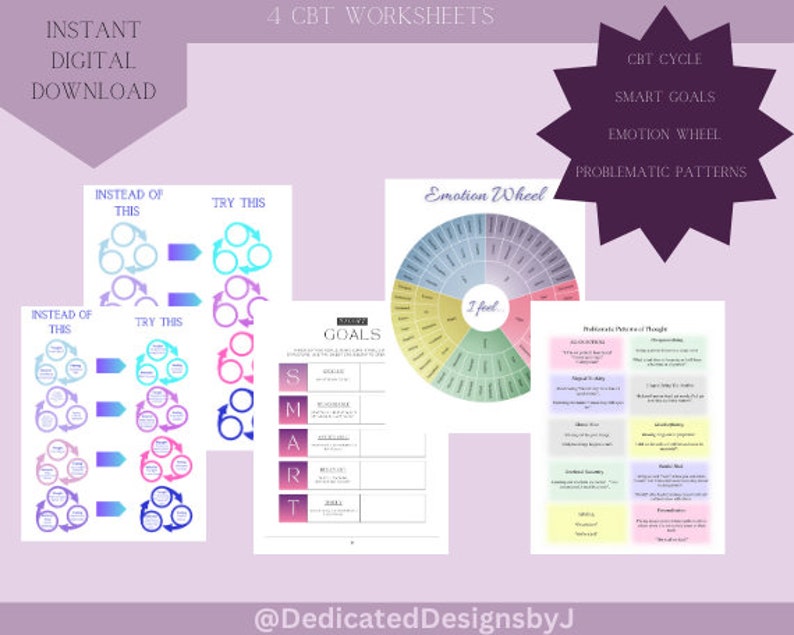 4 CBT Worksheets (SMART Goals, Problematic Patterns of Thought, Emotion ...