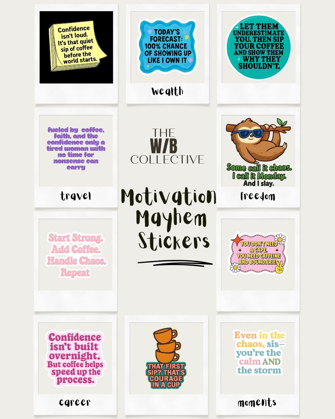 Motivation & Mayhem Sticker Pack – Funny Coffee Quotes, Chaos ...