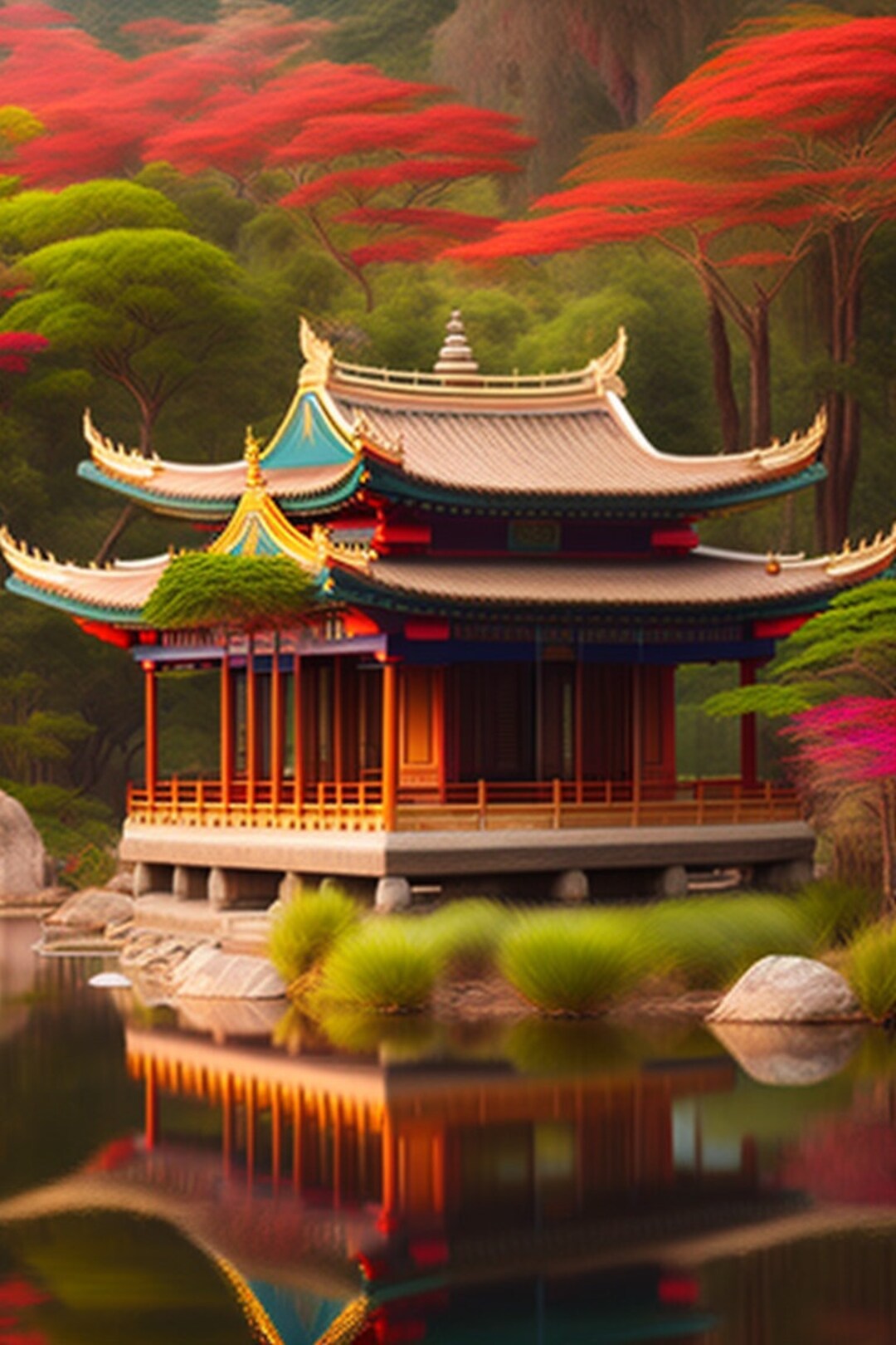 Asian Style Home in Forest Near Lake.relaxing View .digital Art.wall ...