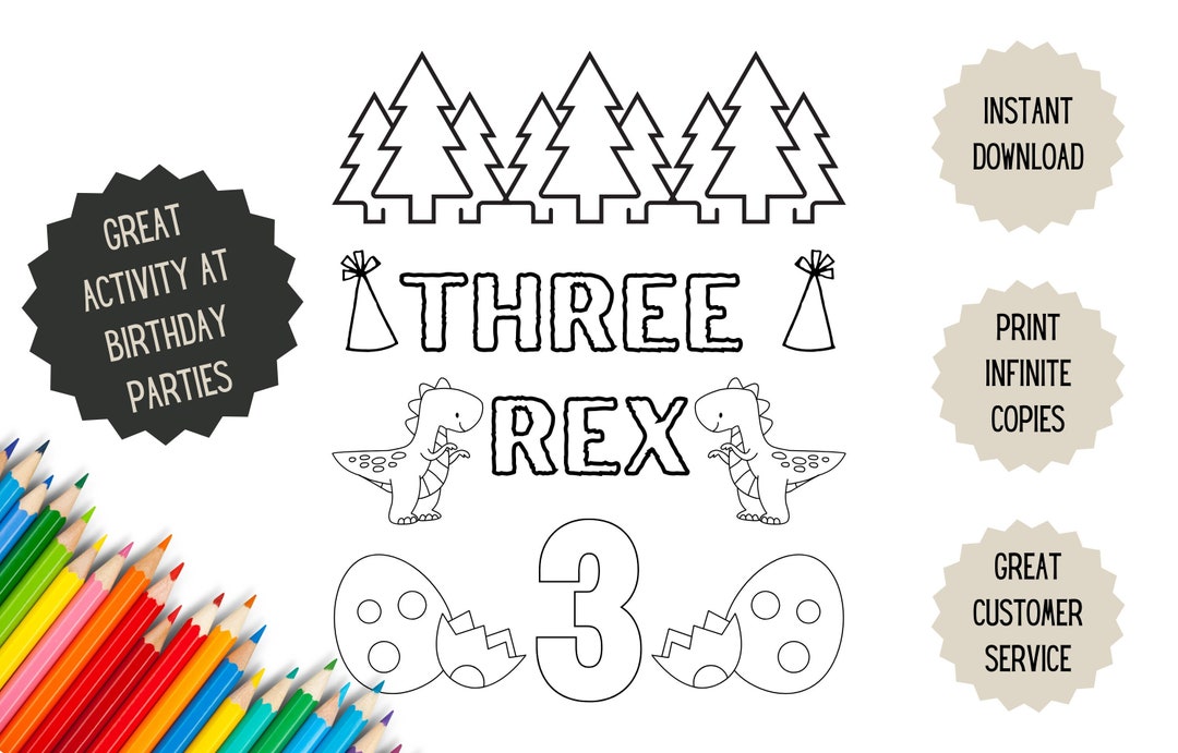 Birthday Coloring Sheet Printable Three Rex Birthday Printable Dinosaur ...