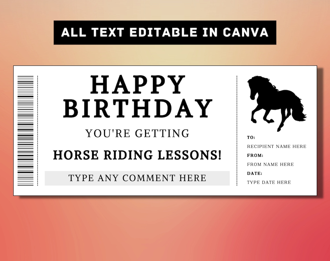 Horse Riding Lessons Birthday Gift Ticket Template - Horseback Gift ...