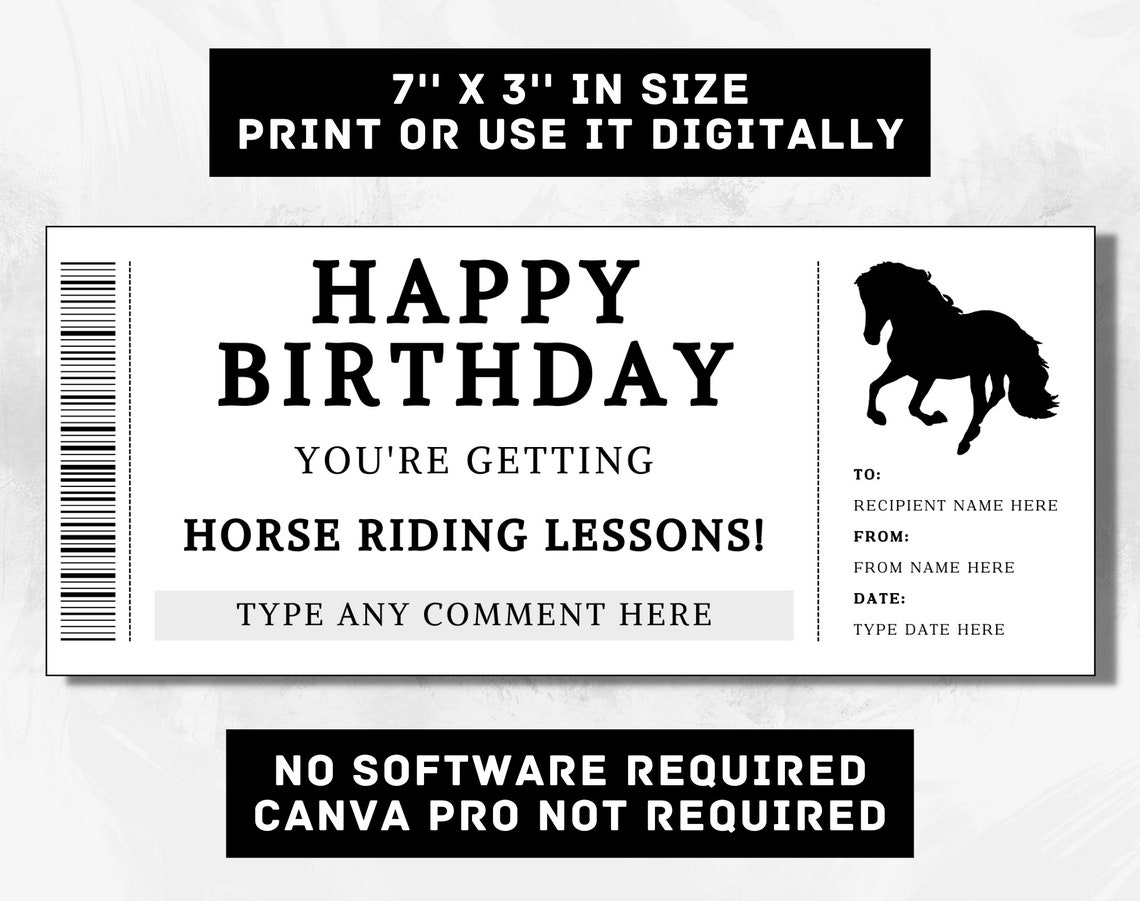 Horse Riding Lessons Birthday Gift Ticket Template - Horseback Gift ...