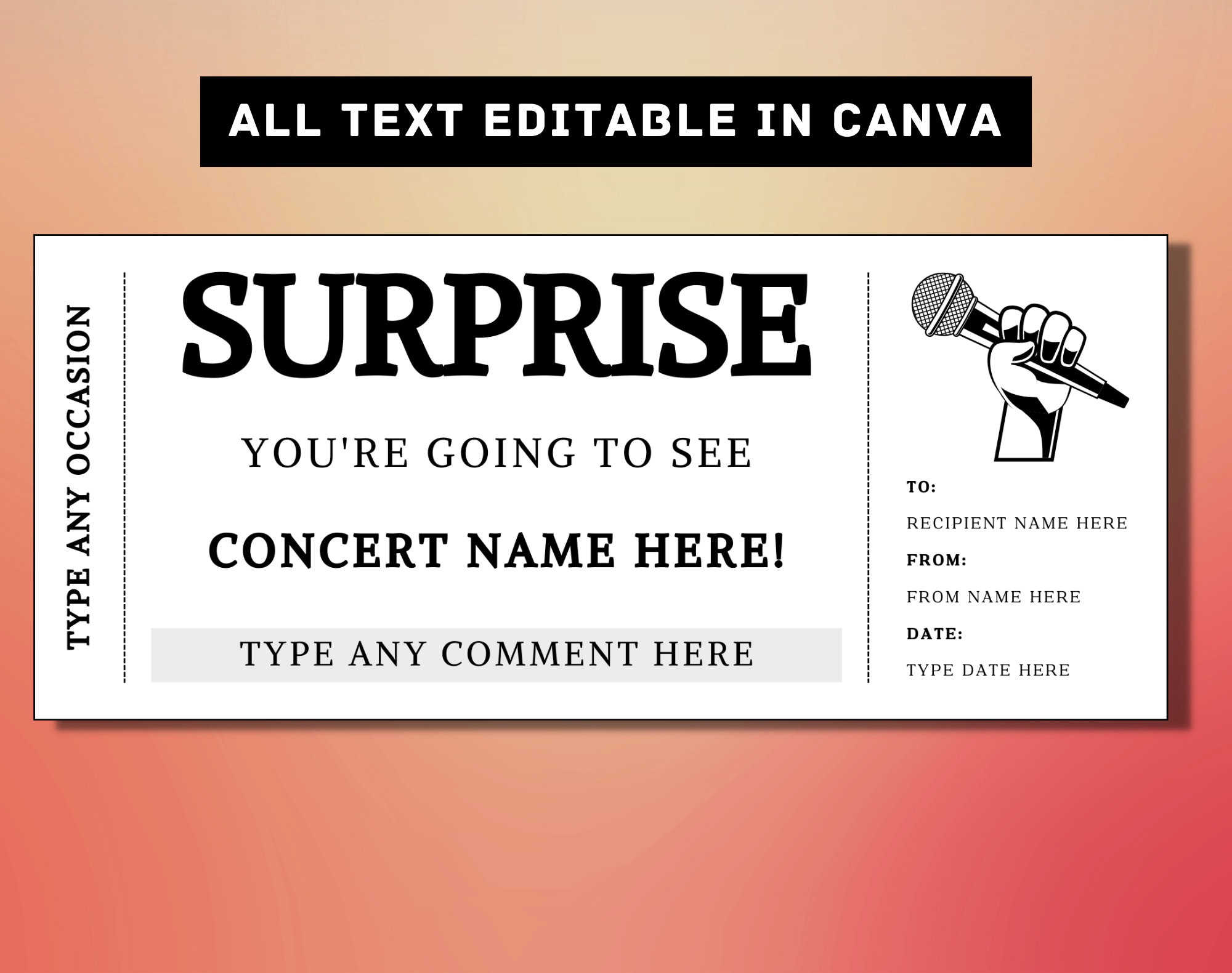 Concert Surprise Gift Ticket Template Show, Event, Musical, Band Gift ...