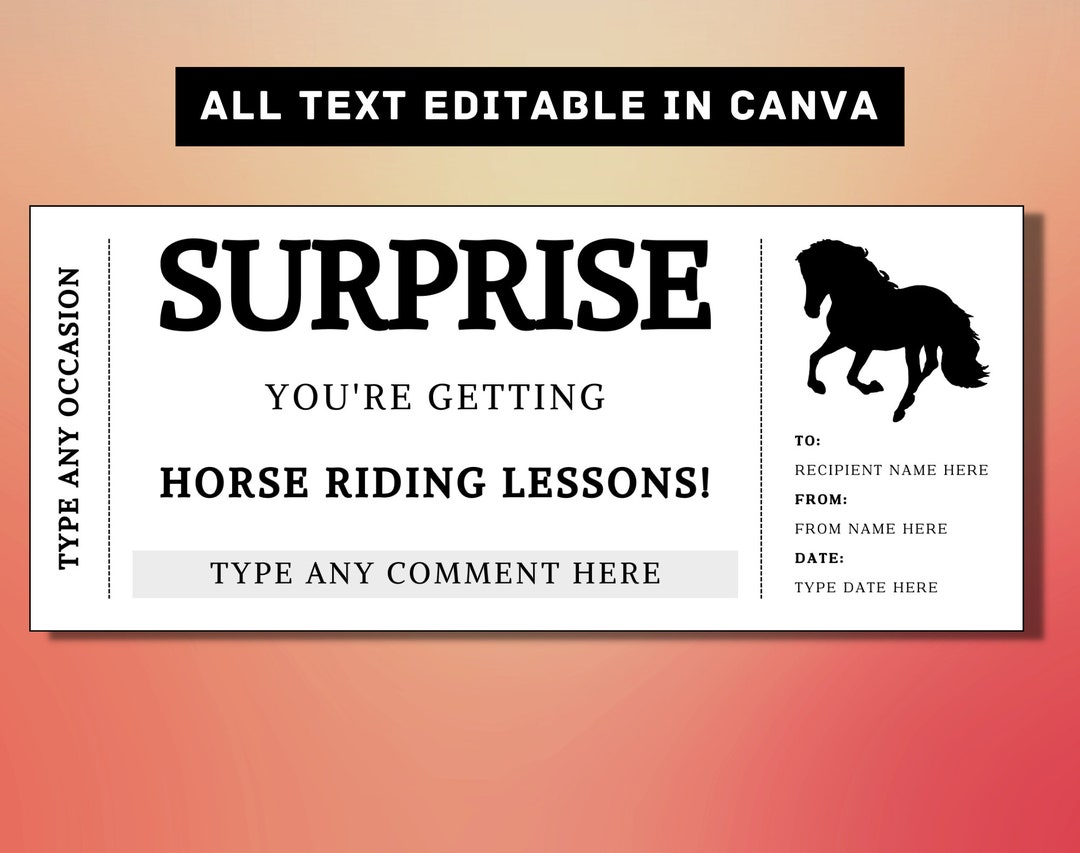 Horse Riding Lessons Surprise Gift Ticket Template - Horseback Gift ...