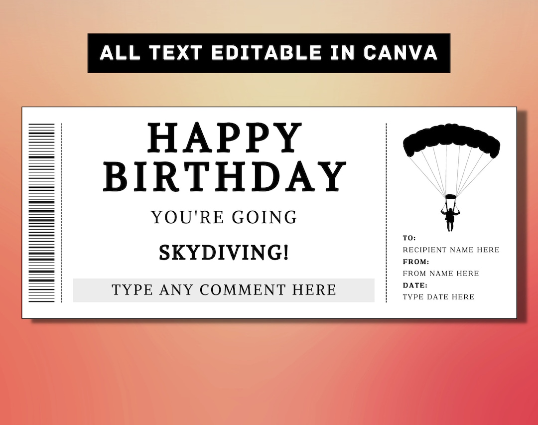 Skydiving Birthday Gift Ticket Template - Sky Dive Skydiving Gift Card ...