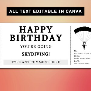 Skydiving Birthday Gift Ticket Template - Sky Dive Skydiving Gift Card ...