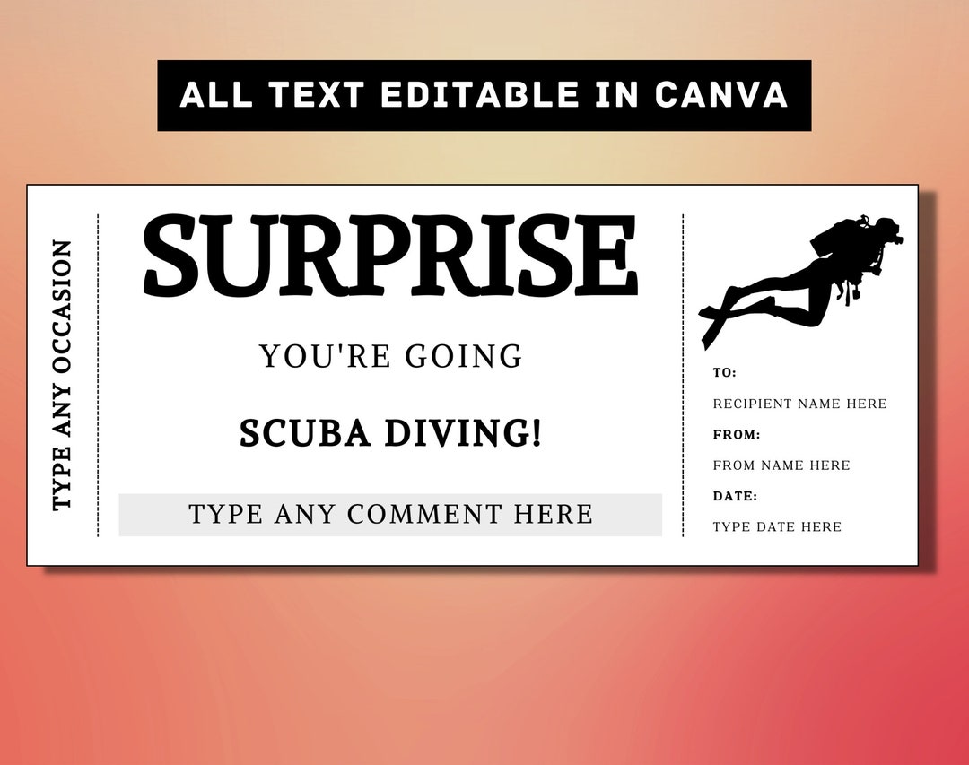 Scuba Diving Surprise Gift Ticket Template Scuba Dive Gift Card Voucher ...