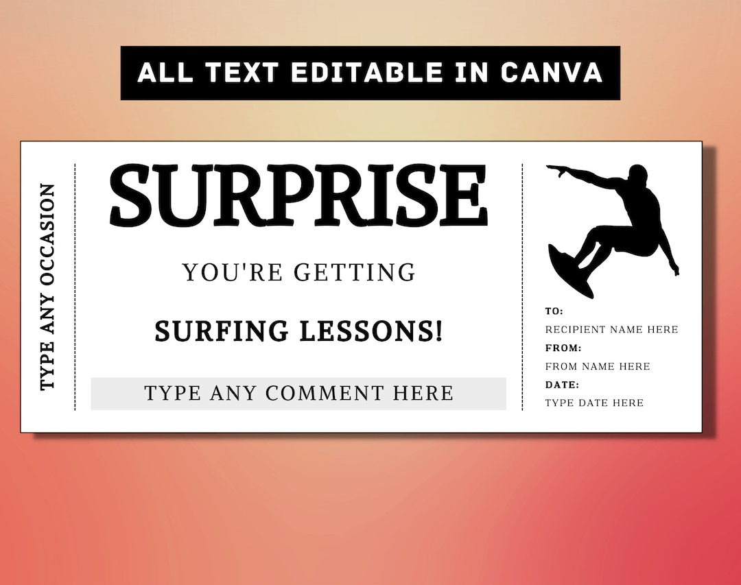Surfing Lessons Surprise Gift Ticket Template - Learn to Surf Gift Card ...