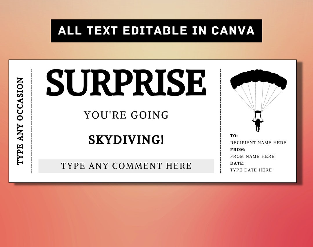 Skydiving Surprise Gift Ticket Template Sky Dive Skydiving Gift Card Voucher Certificate Coupon ...