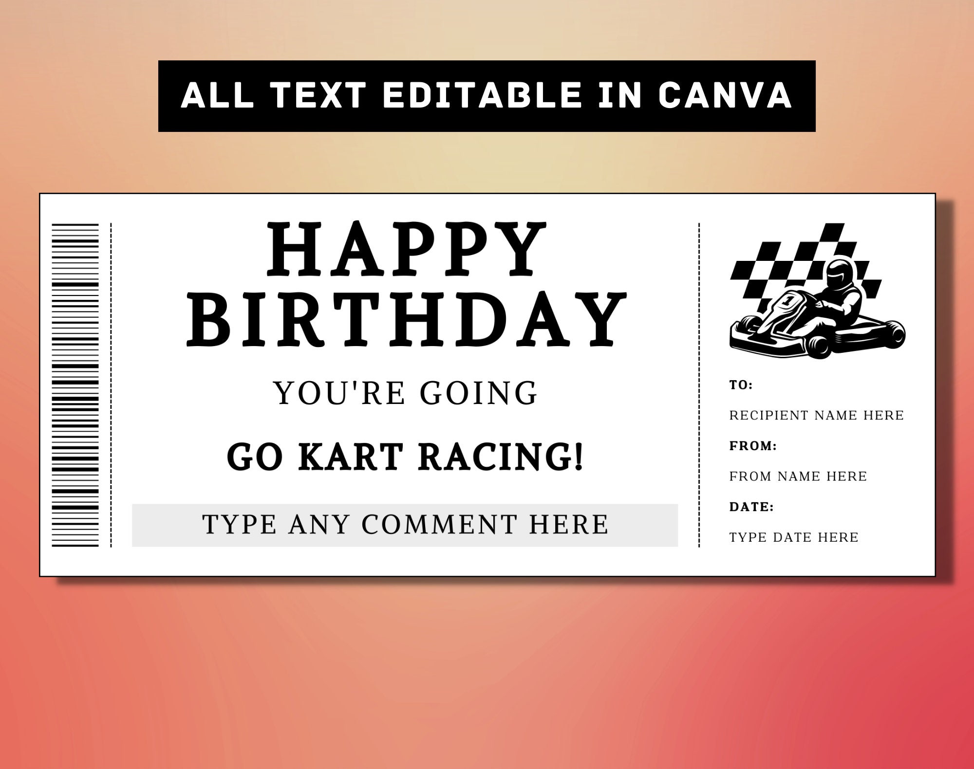 Go Kart Racing Birthday Gift Ticket Template - Racing Gift Card Voucher ...