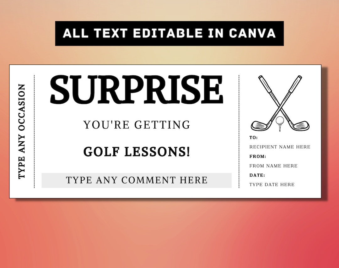 Golf Lessons Surprise Gift Ticket Template - Golf Lessons Gift Card ...