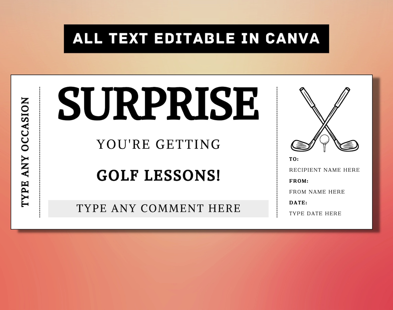 Golf Lessons Surprise Gift Ticket Template - Golf Lessons Gift Card ...