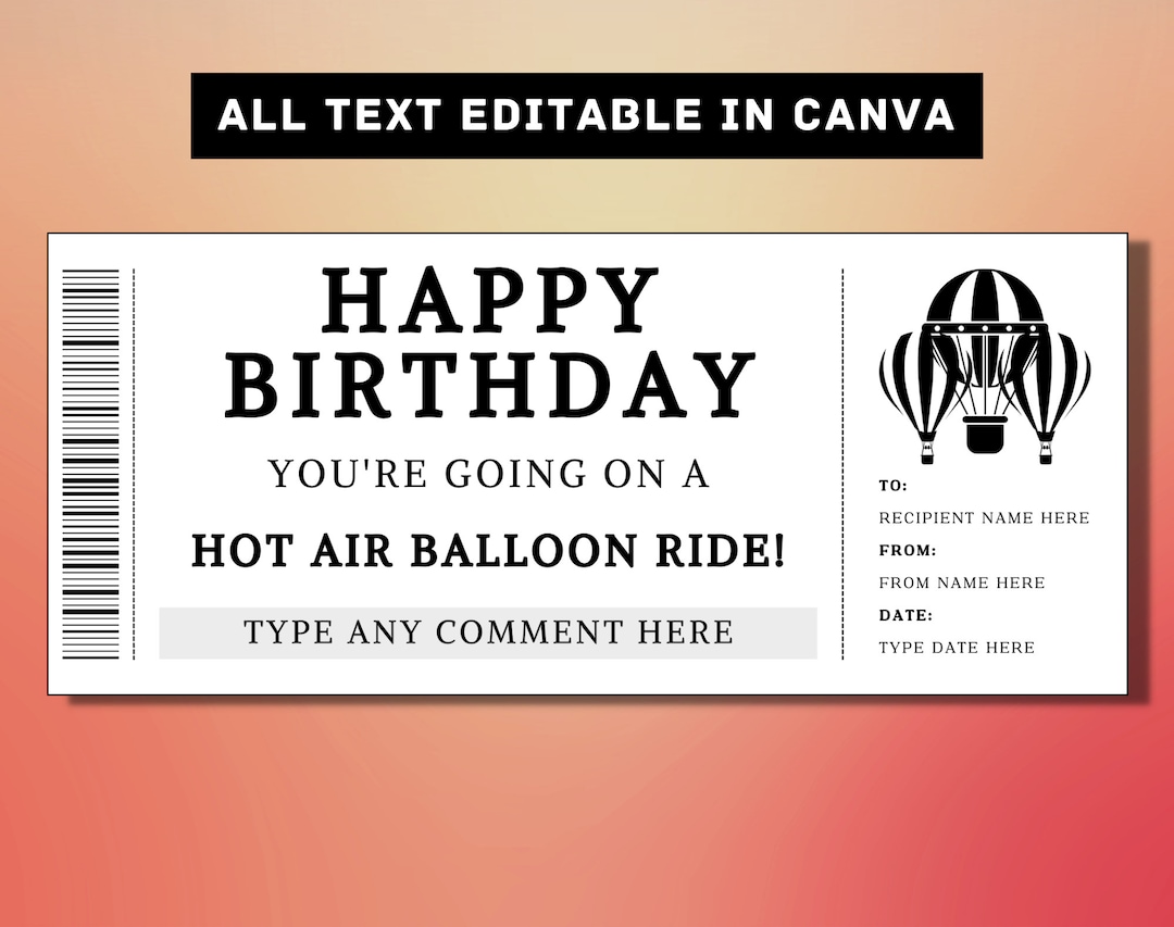Hot Air Balloon Ride Birthday Gift Ticket Template - Hot Air Balloon ...