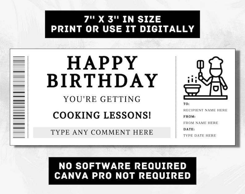 Cooking Lessons Birthday Gift Ticket Template Cooking - Etsy Australia