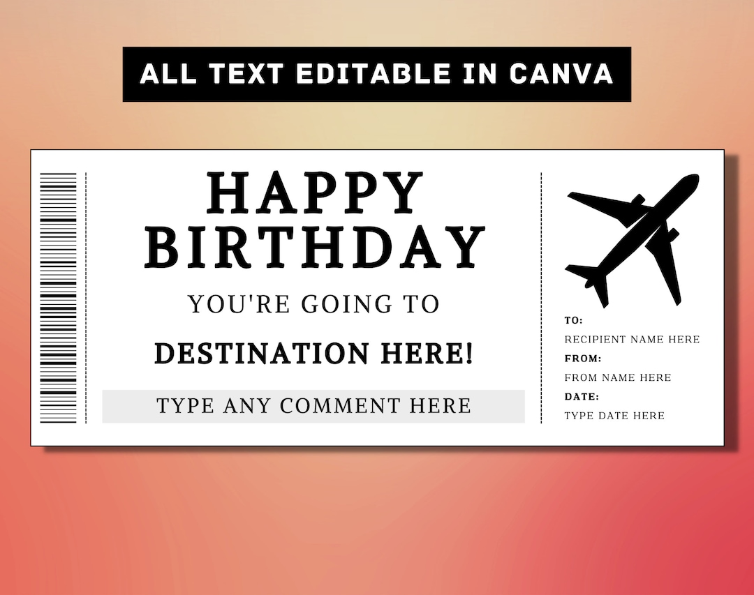 Plane Boarding Pass Birthday Gift Ticket Template - Airplane Flight ...