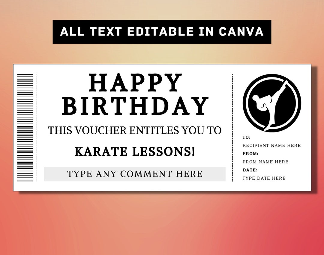 Karate Lessons Birthday Gift Ticket Template Karate Lessons Gift Card ...