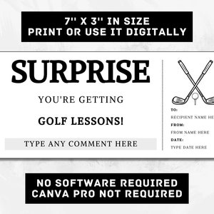 Golf Lessons Surprise Gift Ticket Template - Golf Lessons Gift Card ...