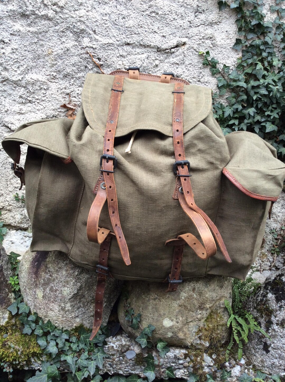 Vintage French Army Canvas Rucksack: Military Backpack With Leather ...