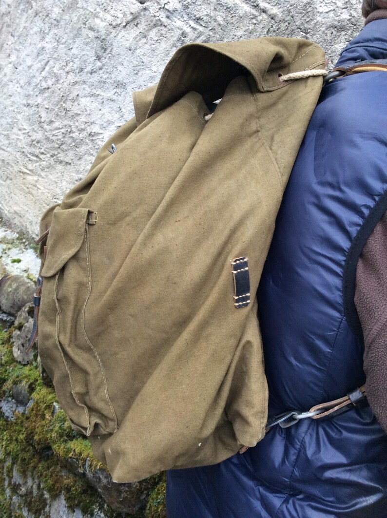 Vintage Canvas and Leather Hiking Bag Backpack Rucksack Military Bag ...