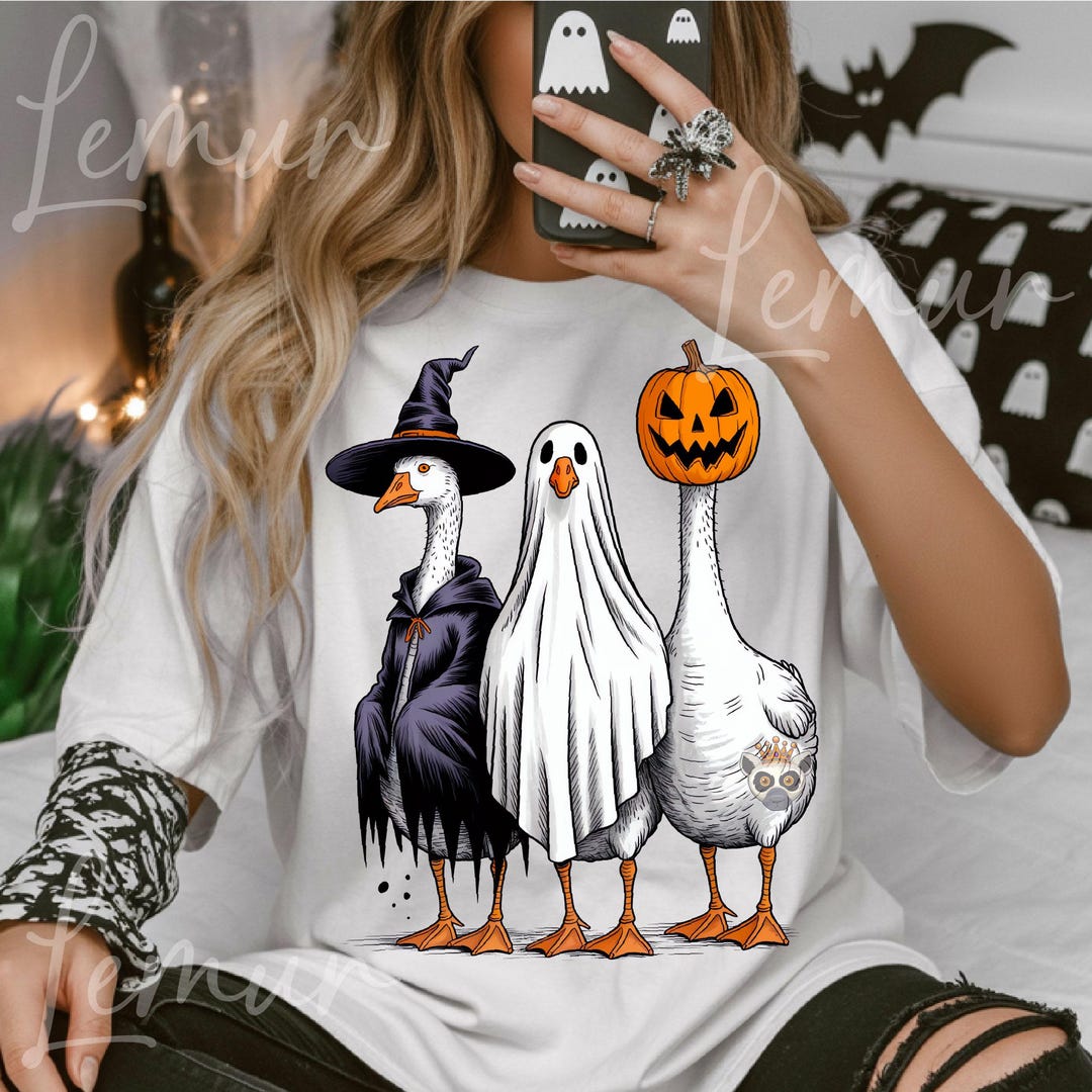 Goose Halloween PNG, Trio of Geese in Witch, Ghost, Pumpkin Costumes ...