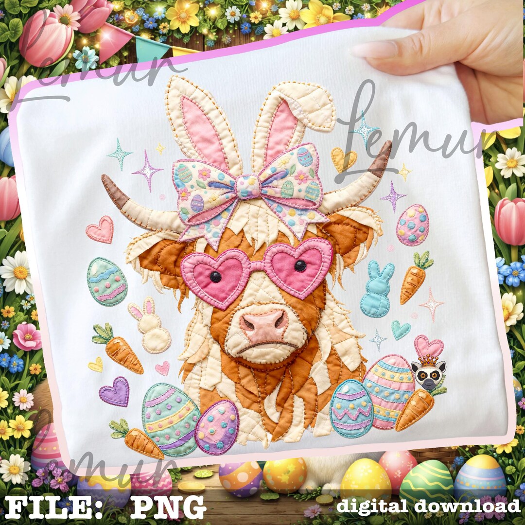 Easter Highland Cow PNG, Patchwork Cow With Bunny Ears and Sunglasses ...