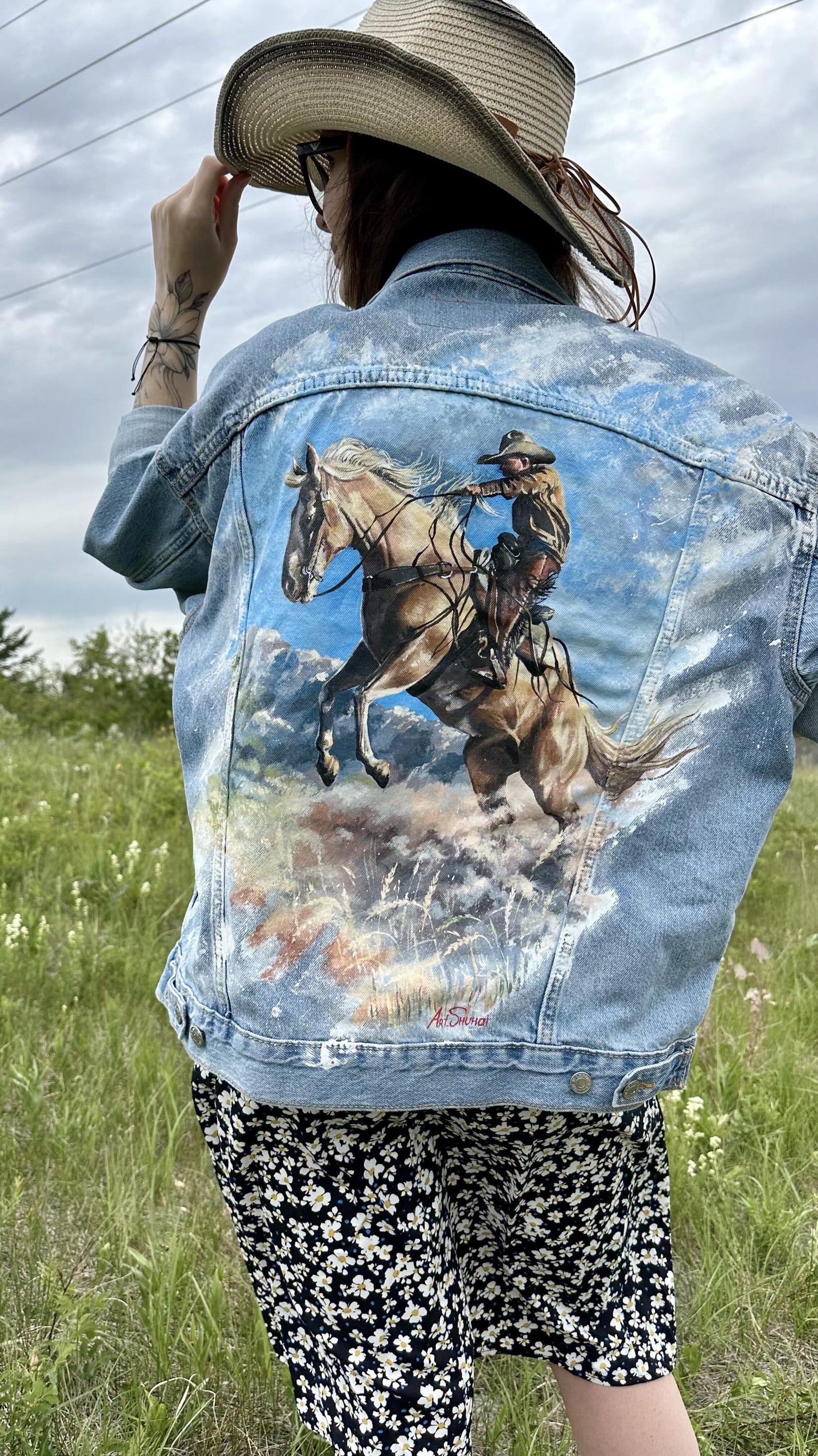 New Denim Jacket With Personalized Hand Painted Cowboy Image Calgary ...